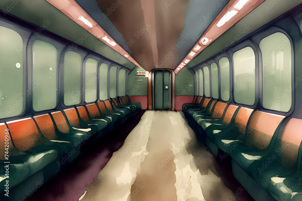 Inside of a public subway train in the underground transportation ...
