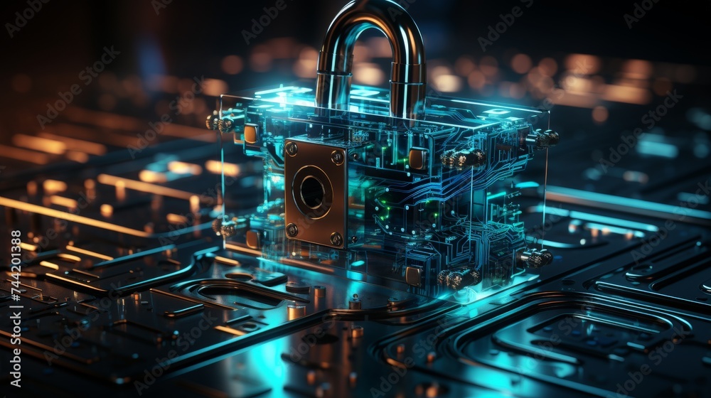 Cyber security concept, blue Lock symbol from lines and triangles ...