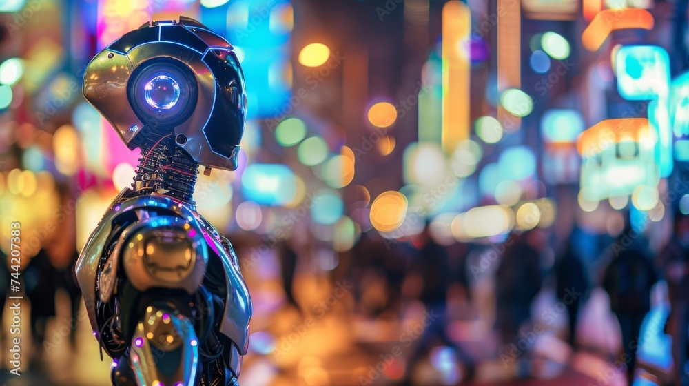 As the city lights illuminate the dark night, a toy robot stands tall ...