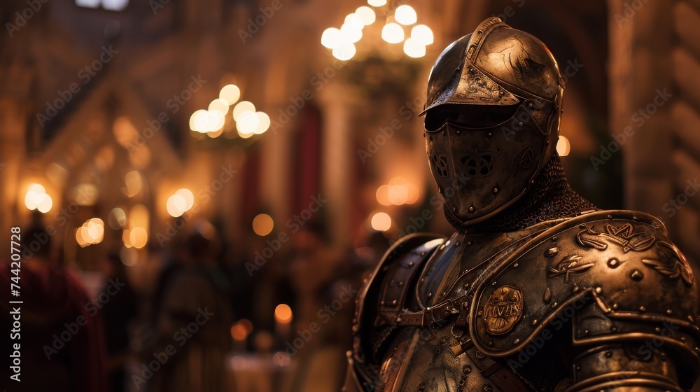 A lone knight stands tall in his glistening suit of armor, a symbol of ...
