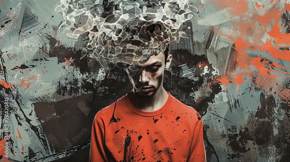 Brain wash. Young man in image of zombie with little drawn letter in ...
