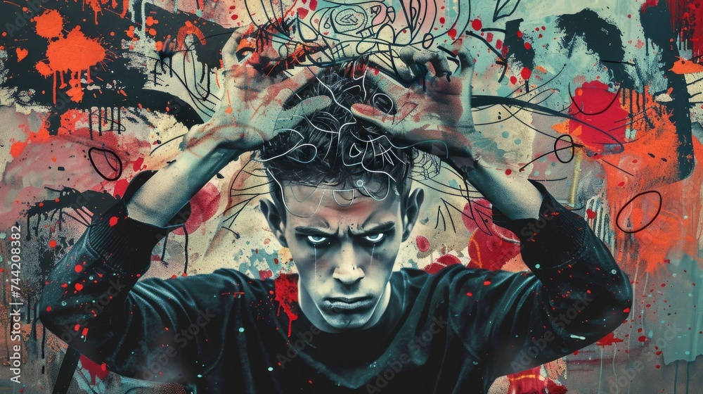 Brain wash. Young man in image of zombie with little drawn letter in ...