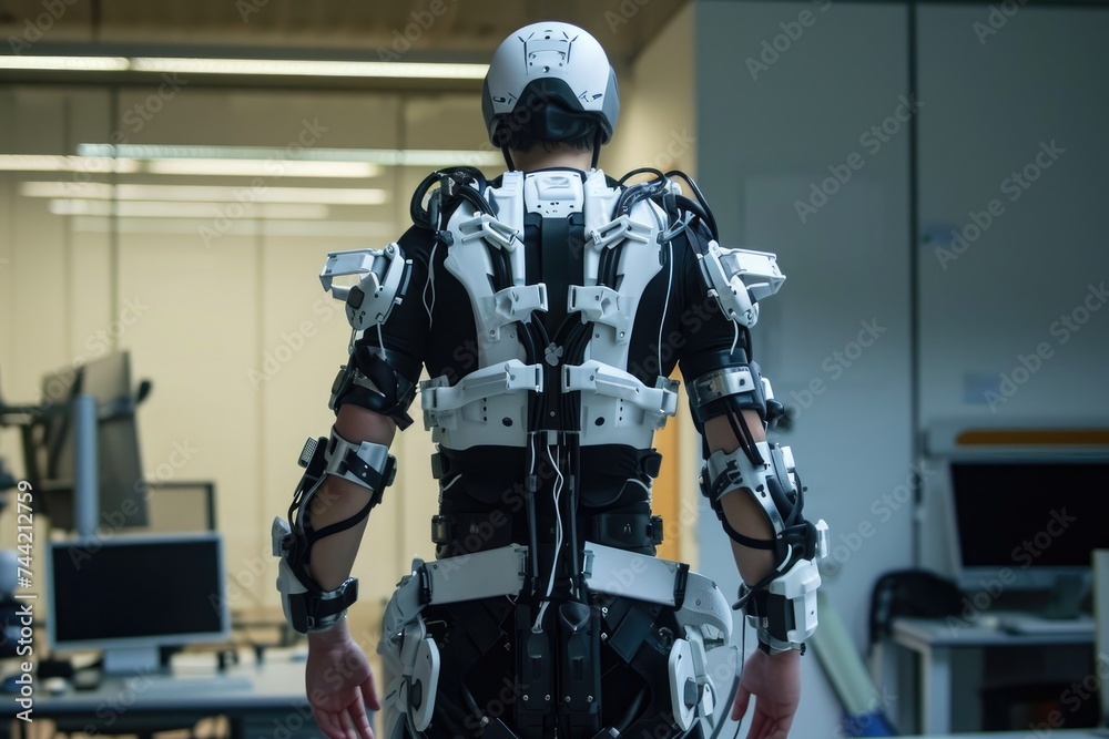 Foto de A man wearing a white helmet and a black and white suit stands ...