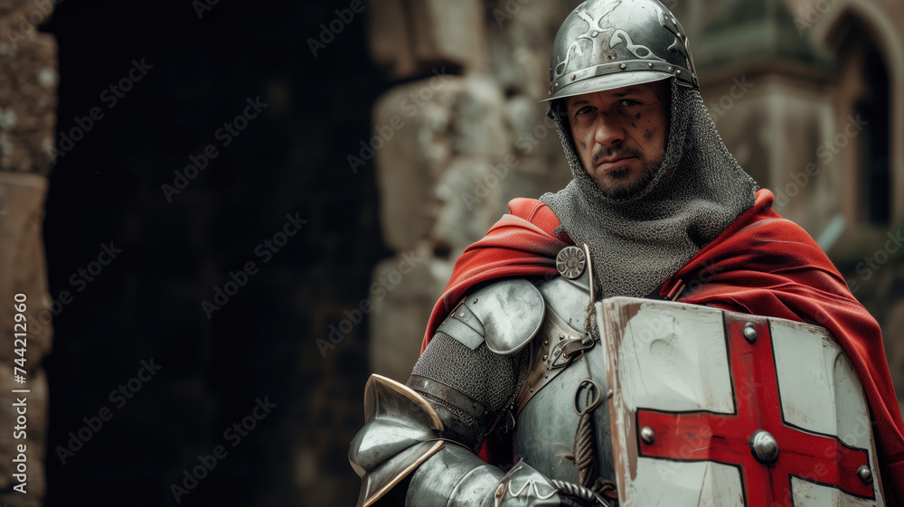 Medieval knight in armor with a red cloak and shield Stock Photo ...