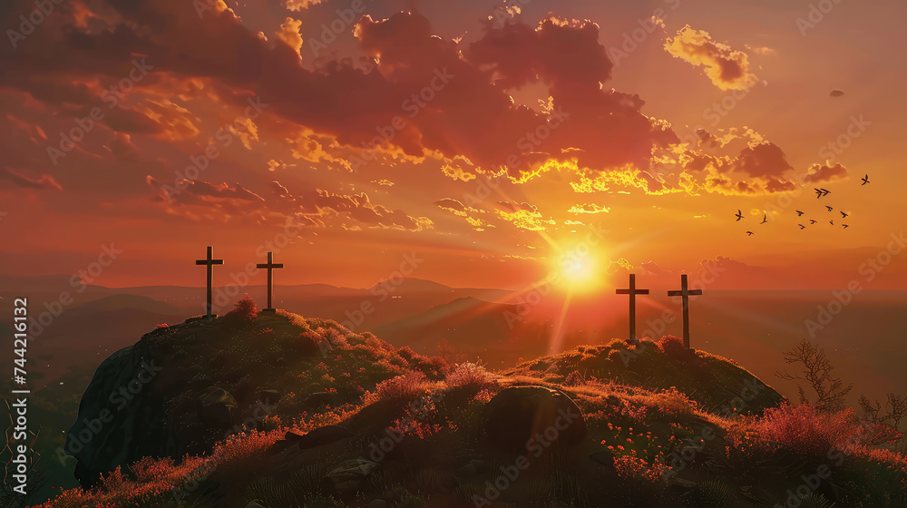 Image with three crosses on a hill at sunset for Easter feast Jesus ...