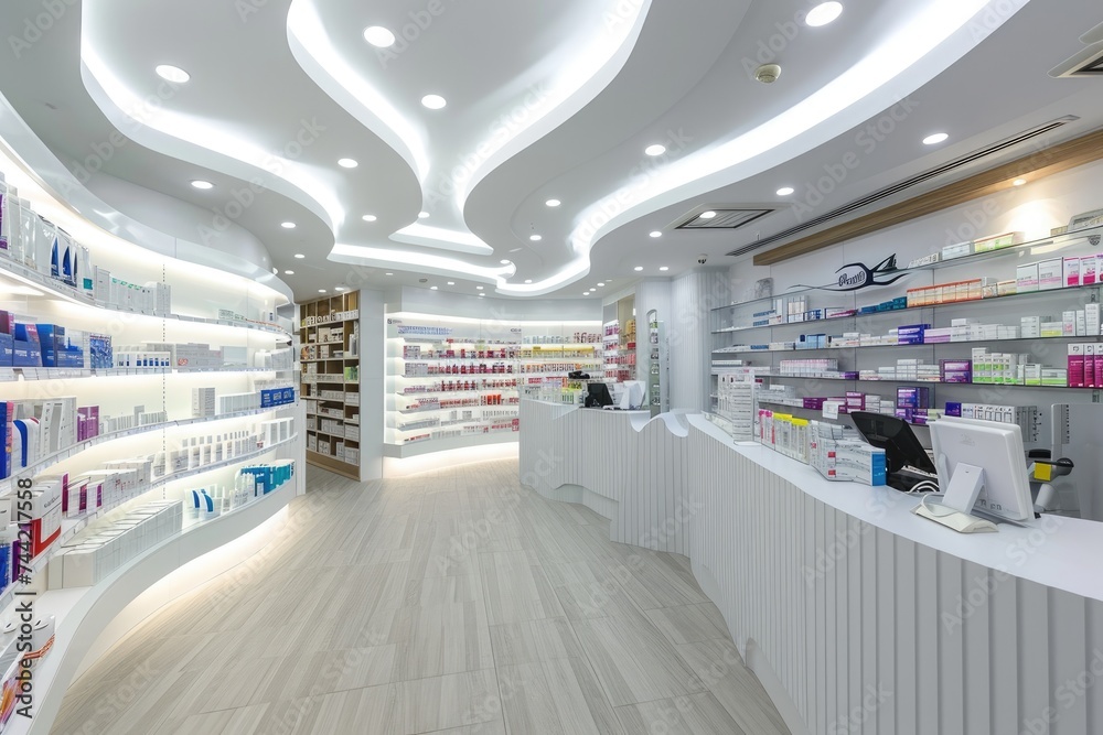 A well-arranged pharmacy store showcasing a counter and shelves stocked ...