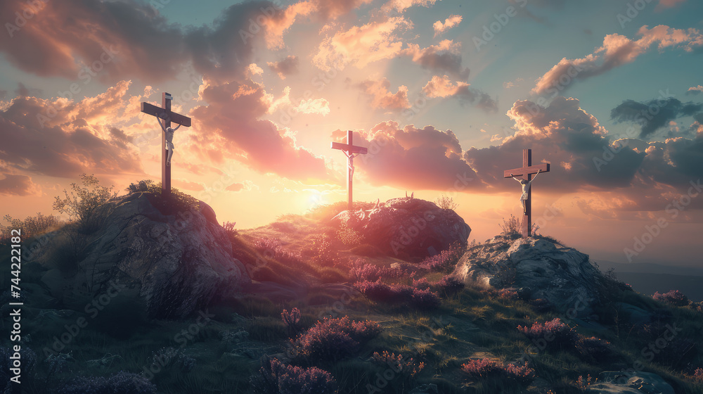 Image with three crosses on a hill at sunset for Easter feast Jesus ...