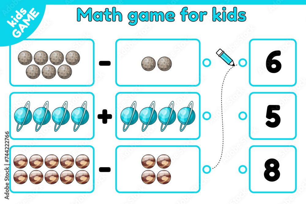 Educational space kids math game. Count cartoon planets and choose the ...