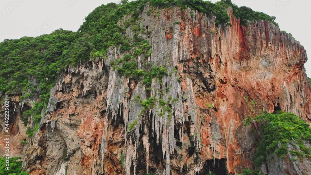 Limestone Cliff Face Pull Out Reveal of Phra Nang Beach with an Aerial ...