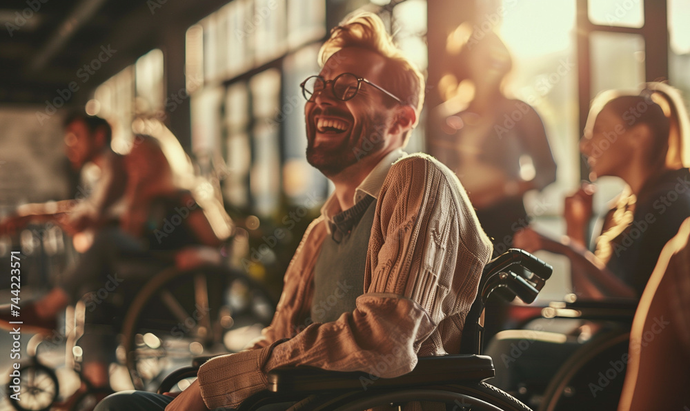 Inclusive image showing happy smiling disabled office colleagues in ...