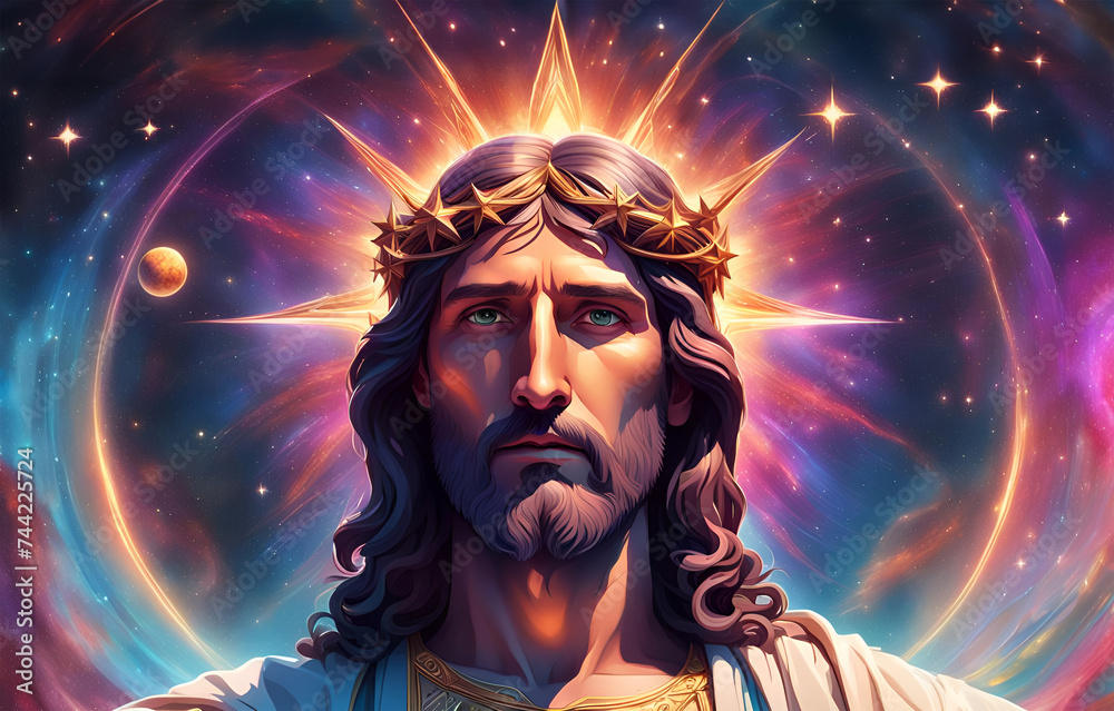 heilige Figur des Christentum Jesus lächelnd vor einem bunten Universum ...