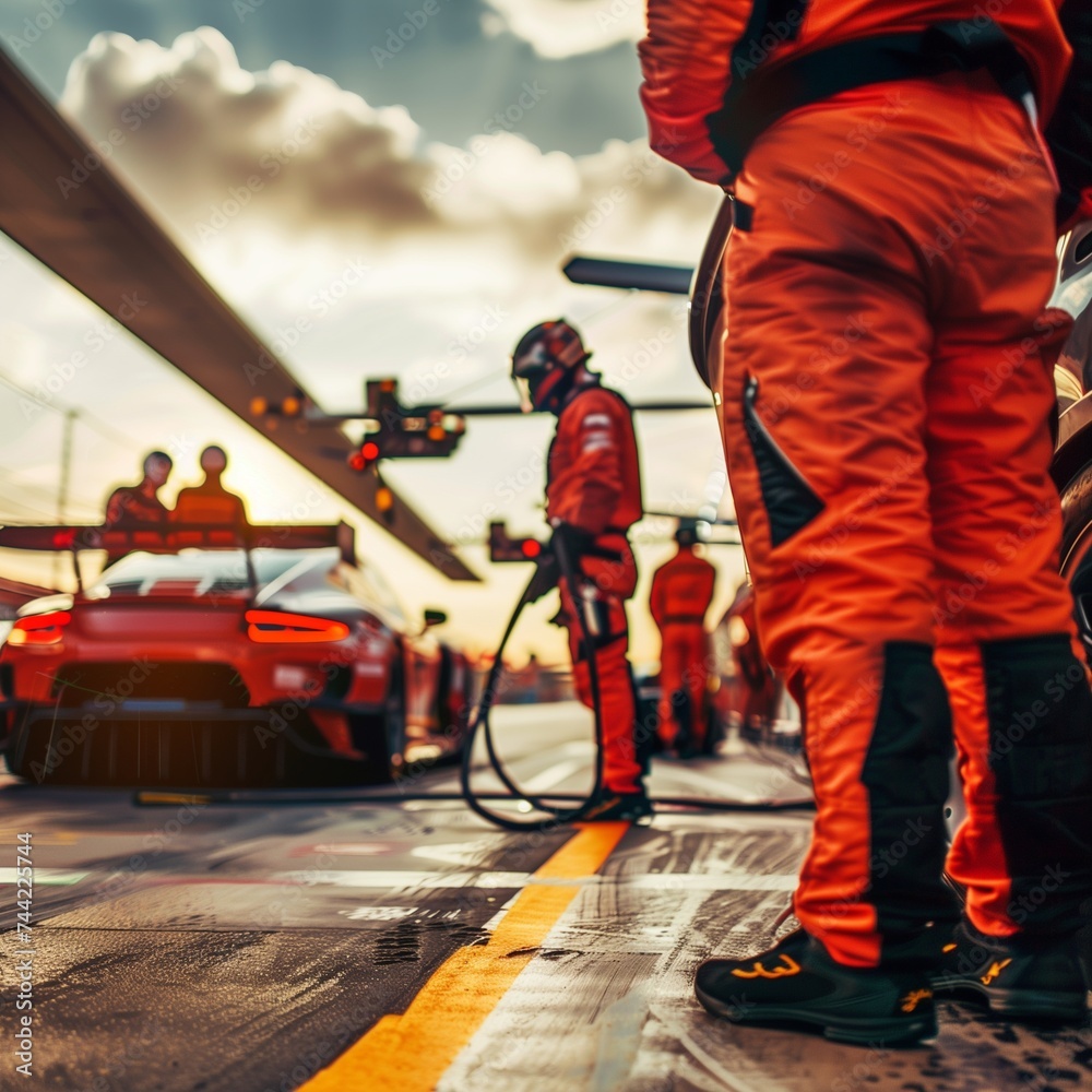 Professional pit crew ready for action as their team's race car arrives in the pit lane during a ...