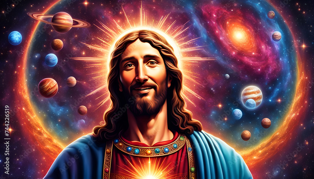 heilige Figur des Christentum Jesus lächelnd vor einem bunten Universum ...