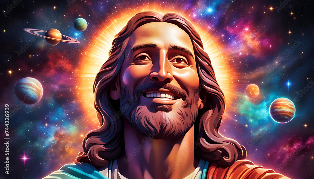 heilige Figur des Christentum Jesus lächelnd vor einem bunten Universum ...