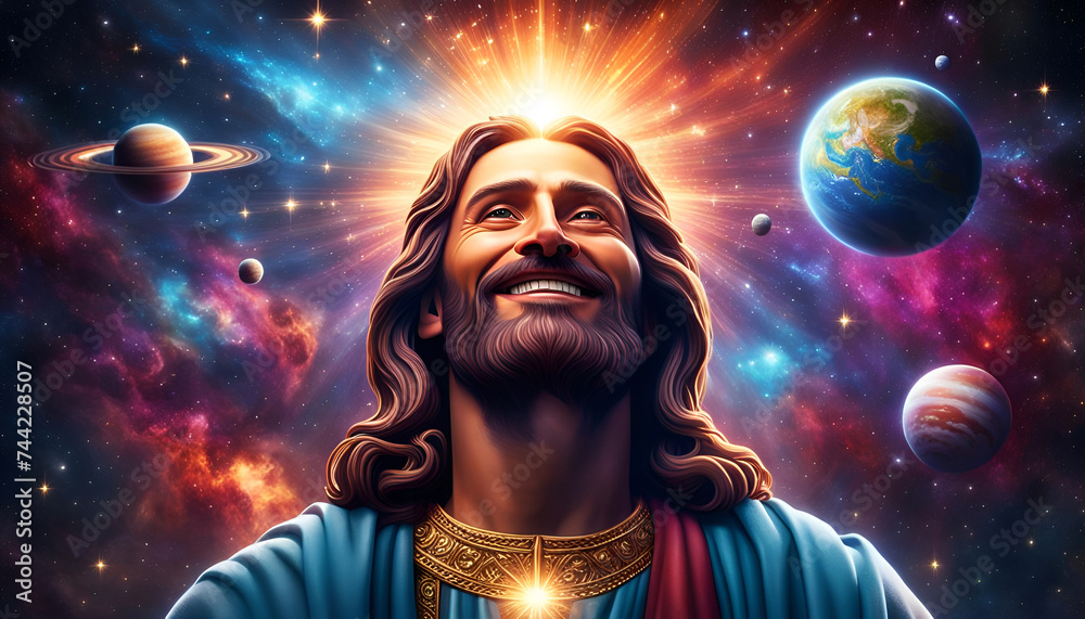 heilige Figur des Christentum Jesus lächelnd vor einem bunten Universum ...