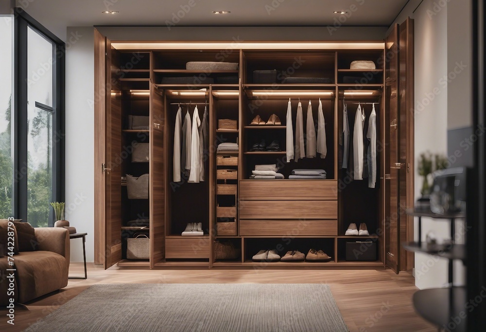Luxury modern interior design bad room with large wooden wardrobe with ...