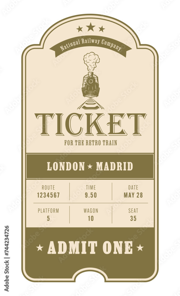 A train ticket template in a retro style in golden color on a light ...