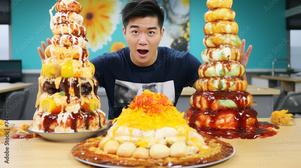 Asian man youtuber, streammer or influencer recording Mukbang content ...