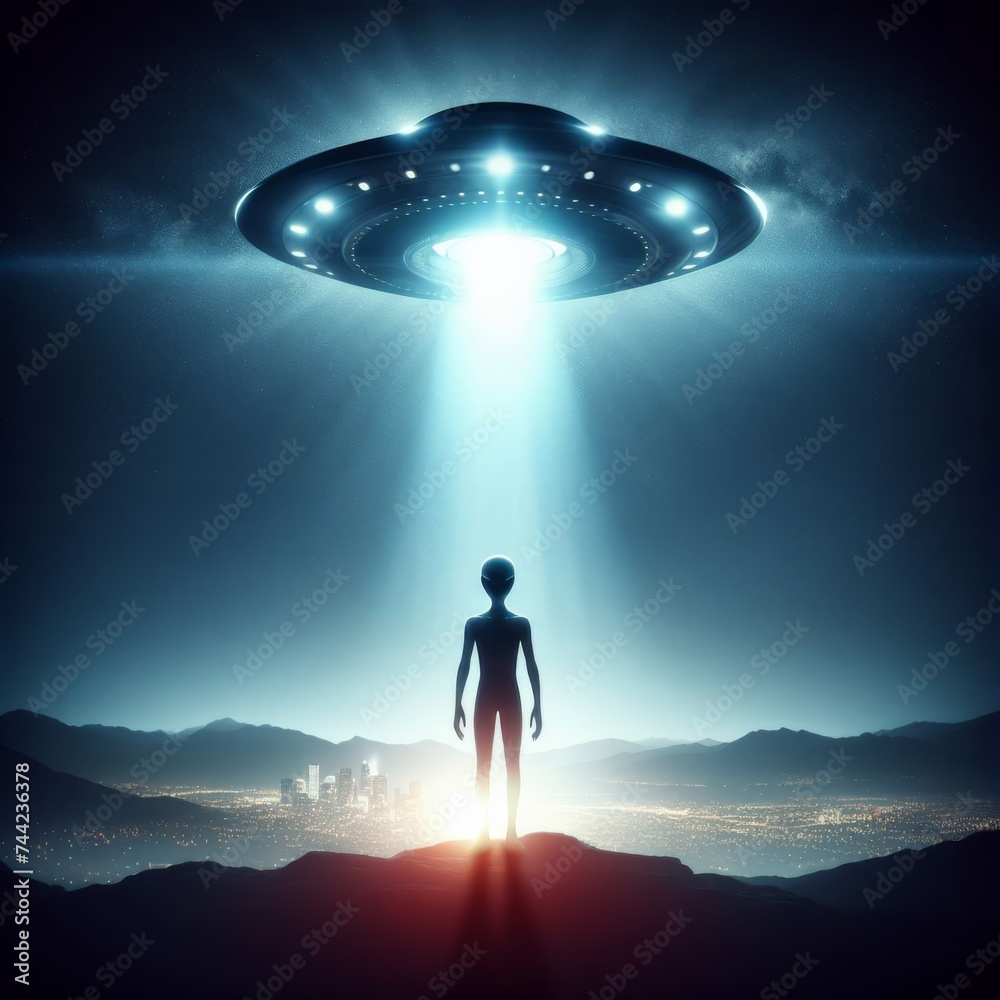 Alien silhouette as it debarks a UFO shining a beam of light. Stock ...
