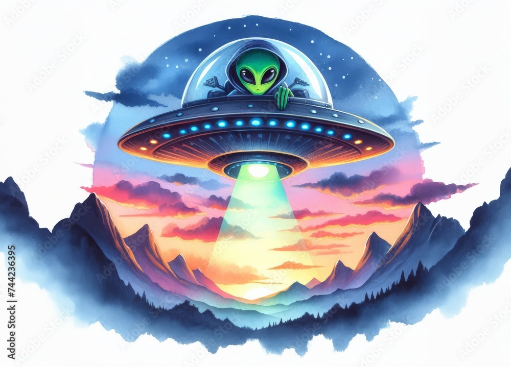 Cartoon illustration of a ufo with an alien pilot flying over the ...