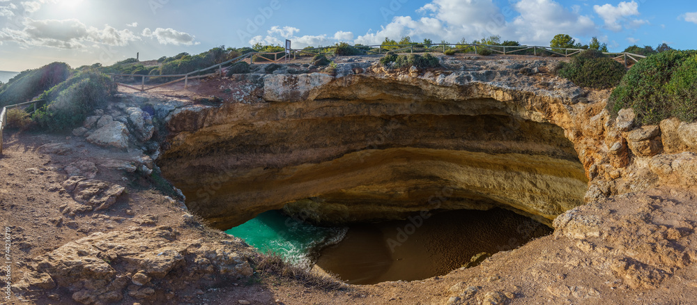 Panorama of Benagil cave from above with view at the beach inside near ...