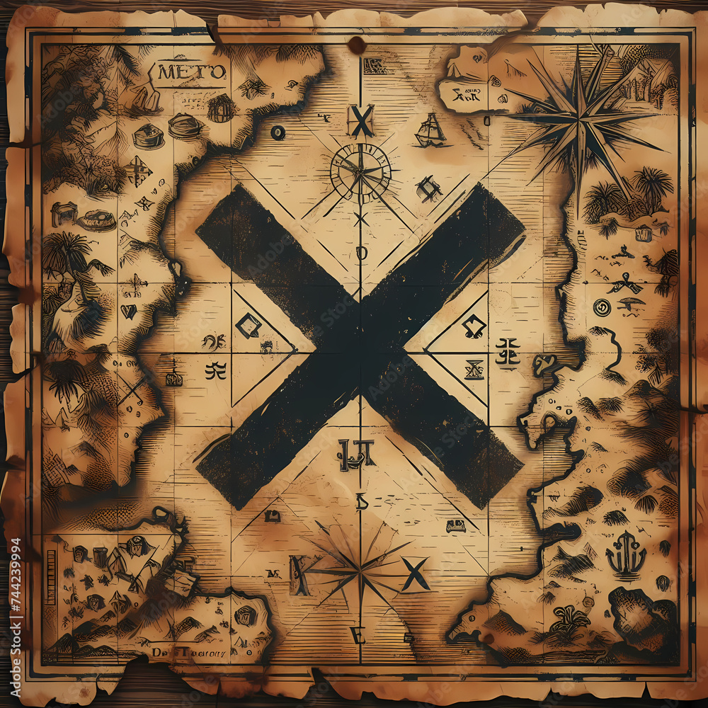 a treasure map with an X mark indicating the location of hidden ...