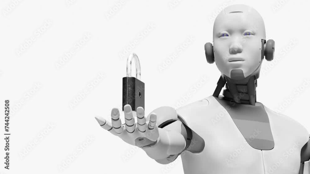 Artificial intelligence prototype cyborg robot holding a padlock ...