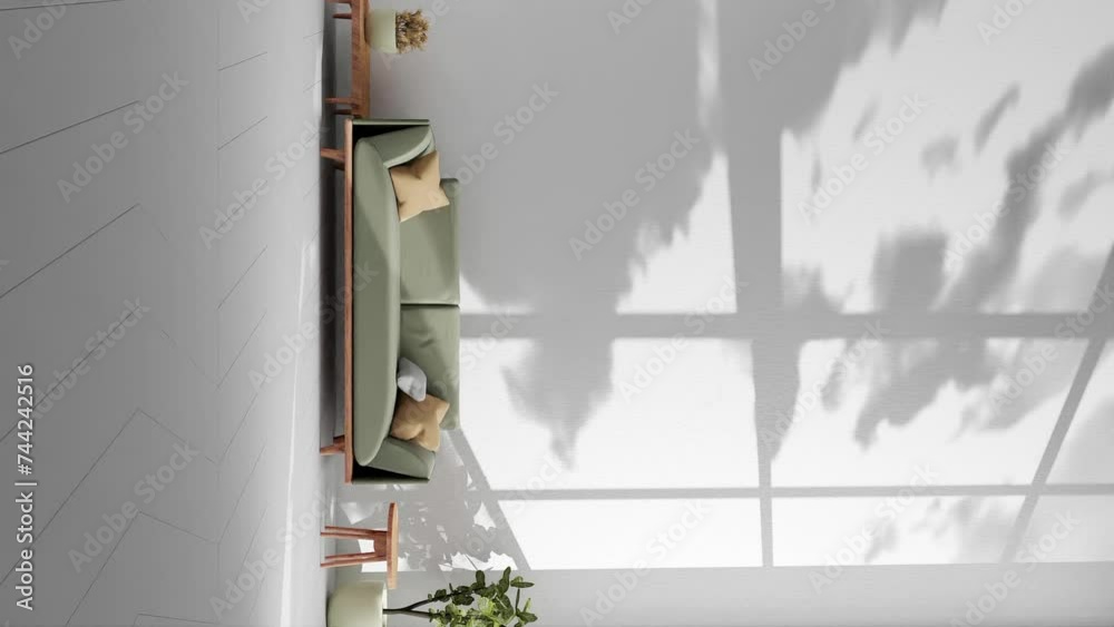 Modern apartment living room with couch and shadows of clouds moving on ...