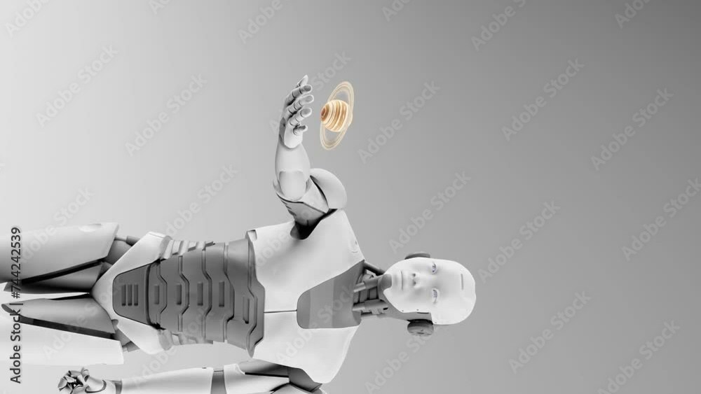 vertical Cyborg humanoid prototype holding Saturn planet of solar ...