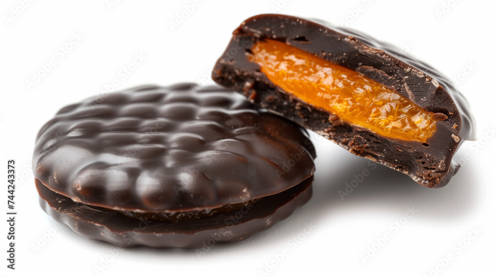 Homemade artisenal jaffa cakes with orange jello filling on bright ...