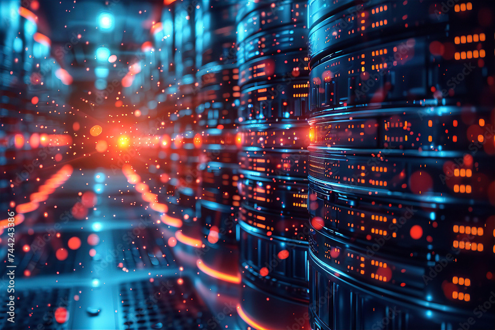 Futuristic business background with neon running digits and information ...