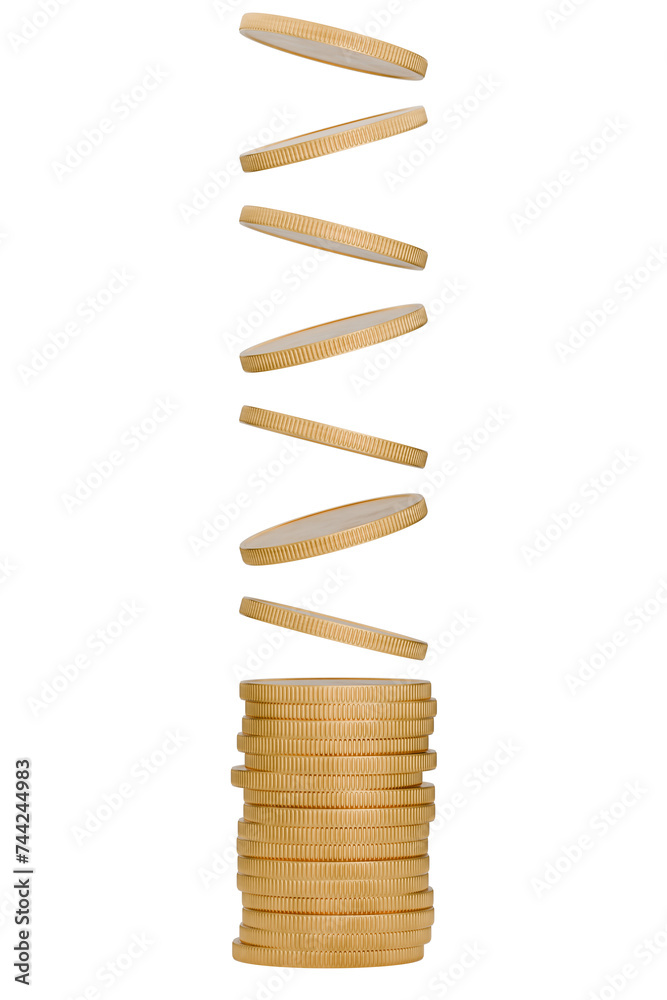 Coins fall into a stack on a transparent, white background. Money, bank ...