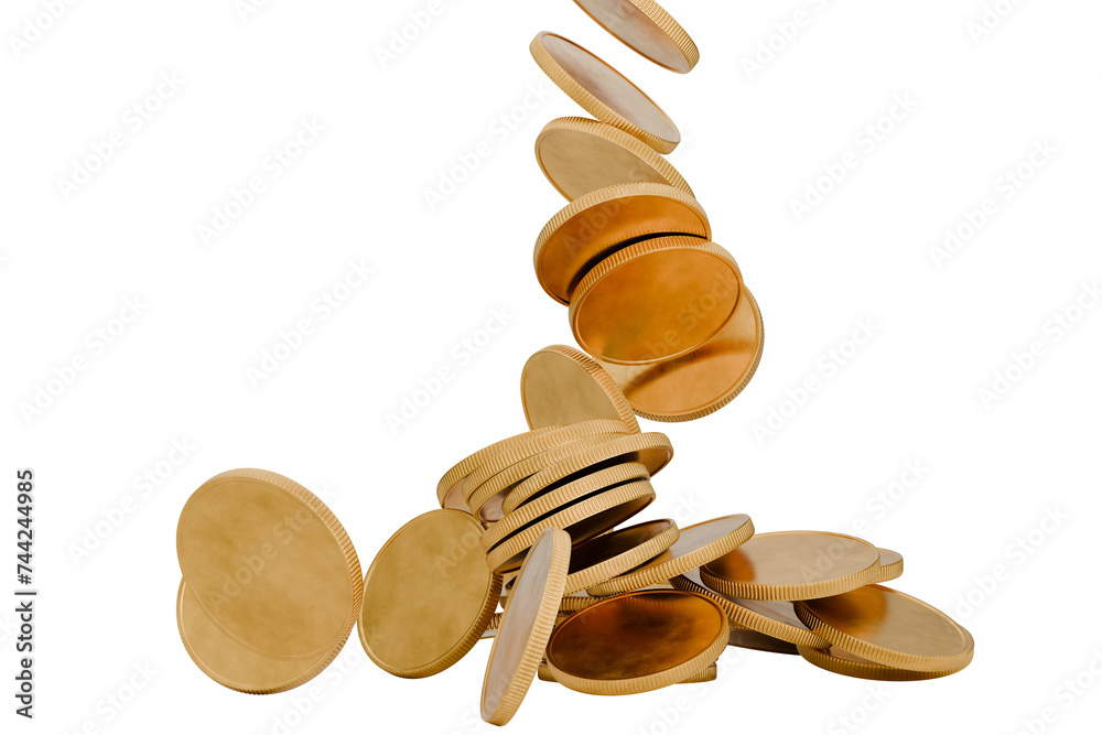 A scattering of coins falls. Transparent white background. Blank ...