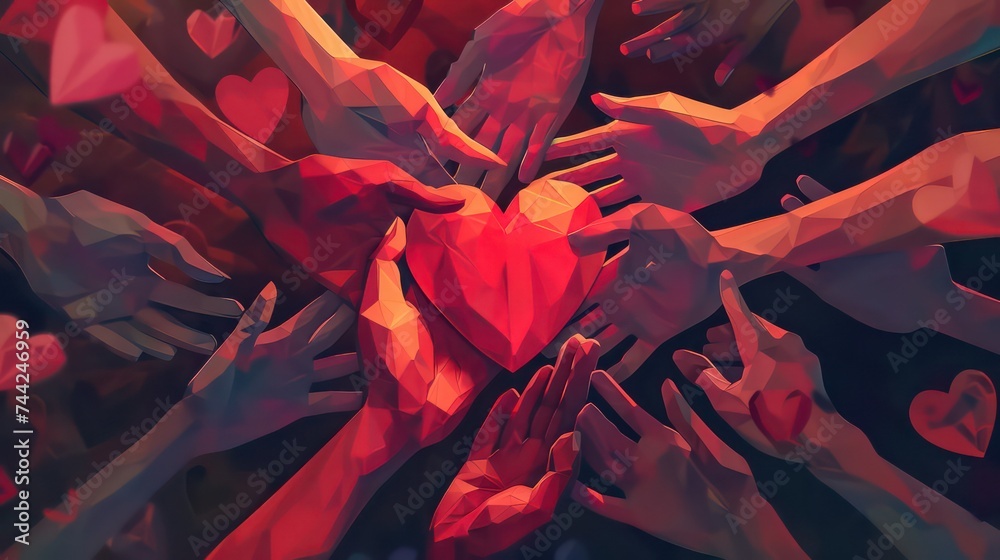 Diverse hands holding heart symbol, sharing love, helping others ...