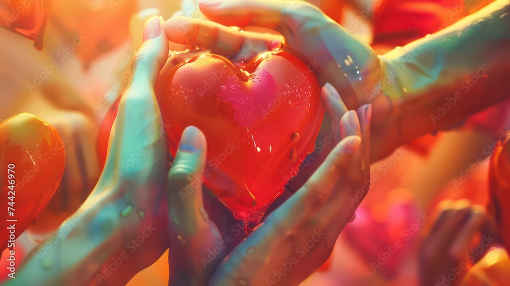 Diverse hands holding heart symbol, sharing love, helping others ...