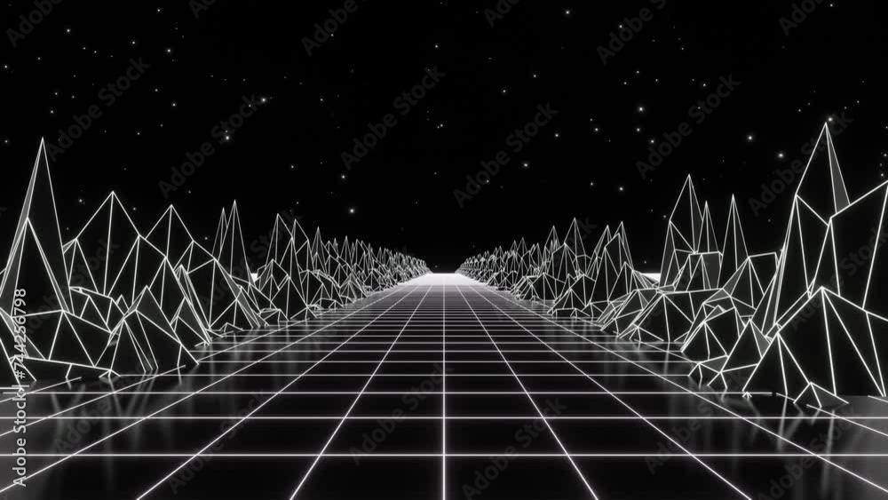 3d black and white neon 80s 90s retrowave grid wireframe road. Retro ...