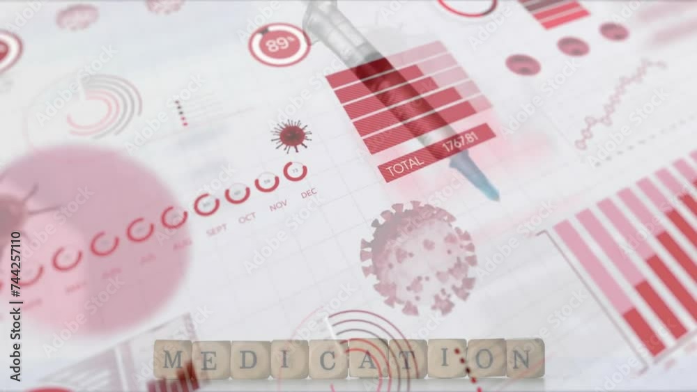 Animation of syringe and medication text over data processing on white ...