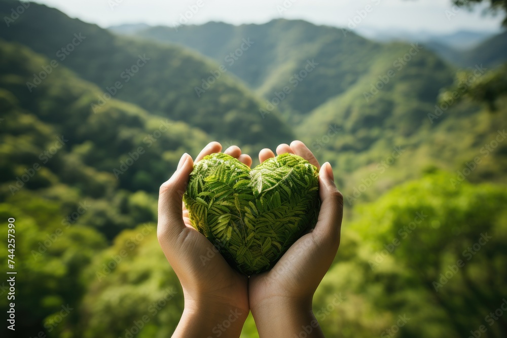 Human Hand Holding Green Heart Formed by Hand on Blurred Green ...