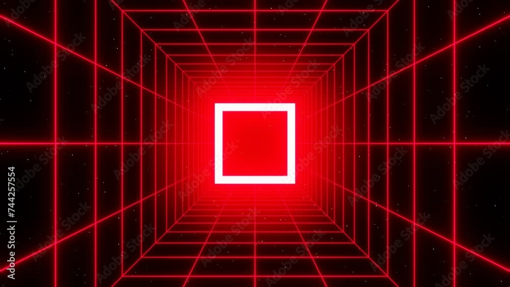 3d retro futuristic red abstract background. Wireframe neon laser swirl grid cube square tunnel ...