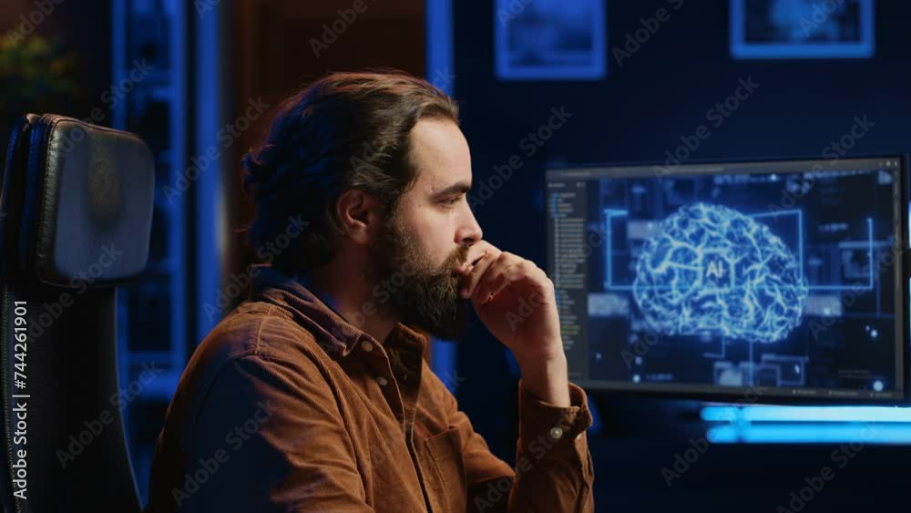 Programmer using computer to update artificial intelligence neural networks, drinking coffee and ...
