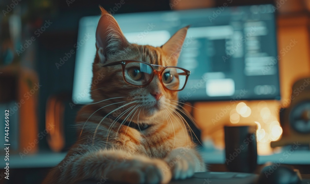 Cute ginger cat wearing eyeglasses and sitting in front of computer ...
