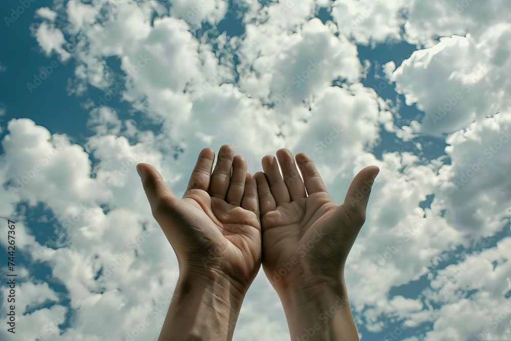 Praying hands open towards the sky Capturing a moment of faith and hope ...