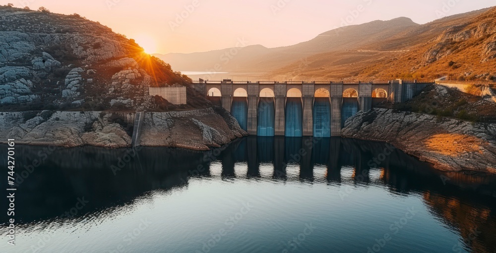 An Aerial Perspective of a Dam and Its Lengthening Shadows Over Water ...
