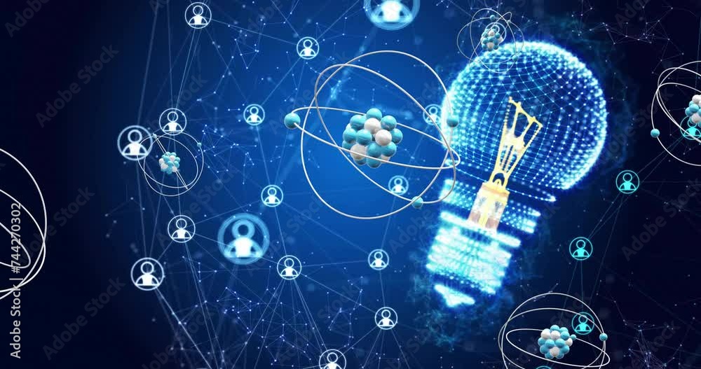 Animation of digital data processing with connections over lightbulb ...