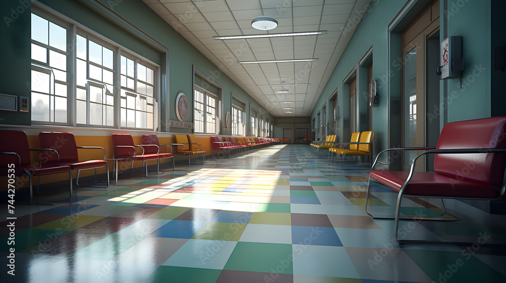The hospital corridor boasts ample space, providing a counter and ...