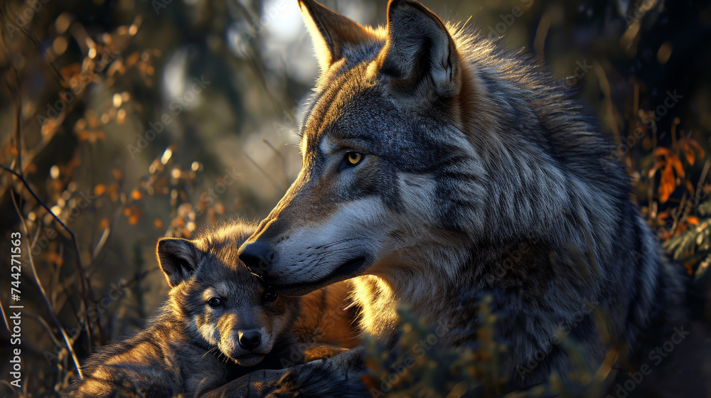 Portrait of a mother wolf and her baby on forest background. Power of ...
