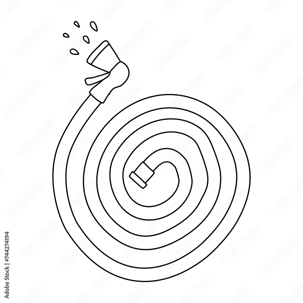 Watering hose with water drops, garden design element, doodle style ...