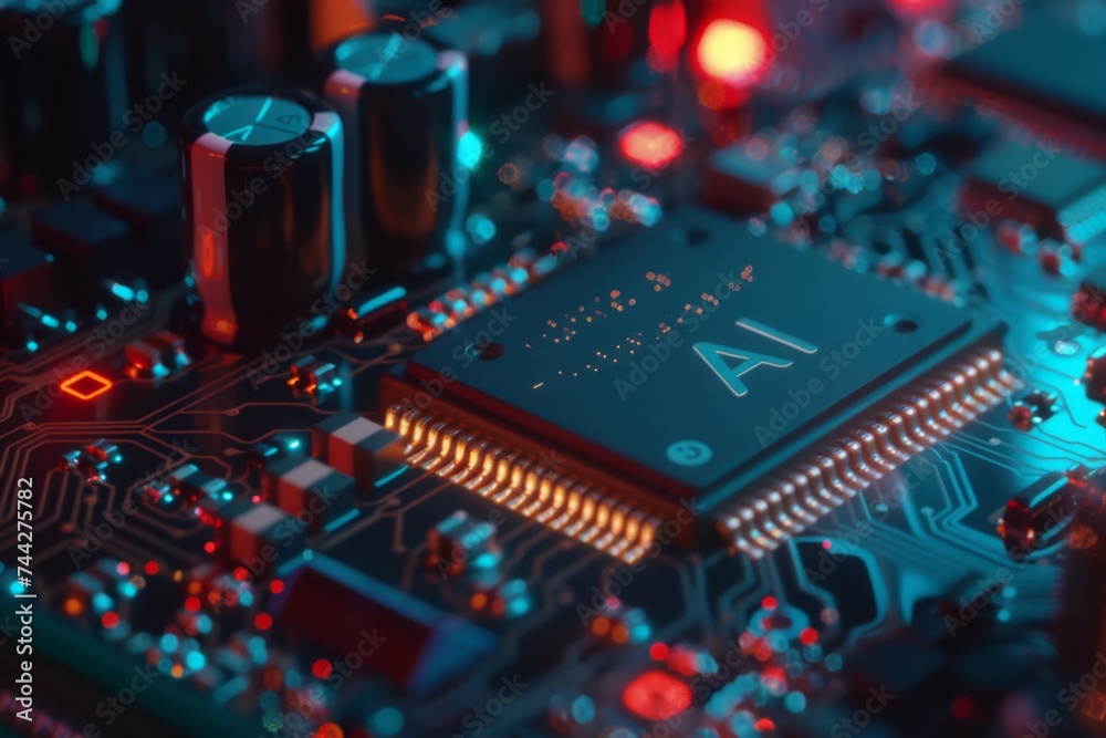 Red glowing AI microprocessor for artificial intelligence on circuit ...