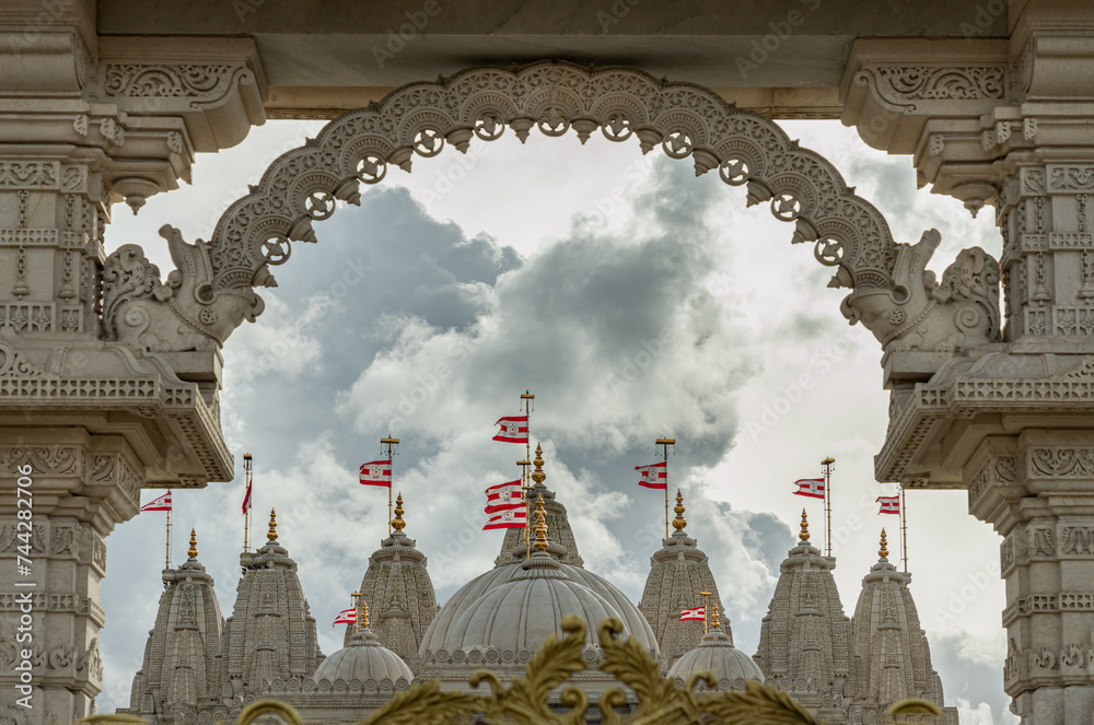 London, UK - Feb 23, 2024 - Entrance archway of the Neasden temple ...