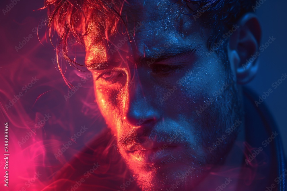A disheveled man stands in the rain, his wet hair and face mirroring ...